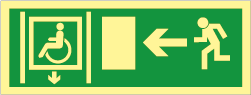 E-lys utgångsskylt med rullstol i hiss, pil vänster | Skyltteknik Nordic AB